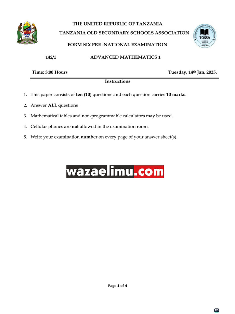 ADV MATH 1 - WazaElimu - Com-1 | PDF