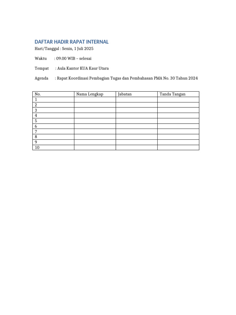 Daftar Hadir Rapat Internal KUA | PDF