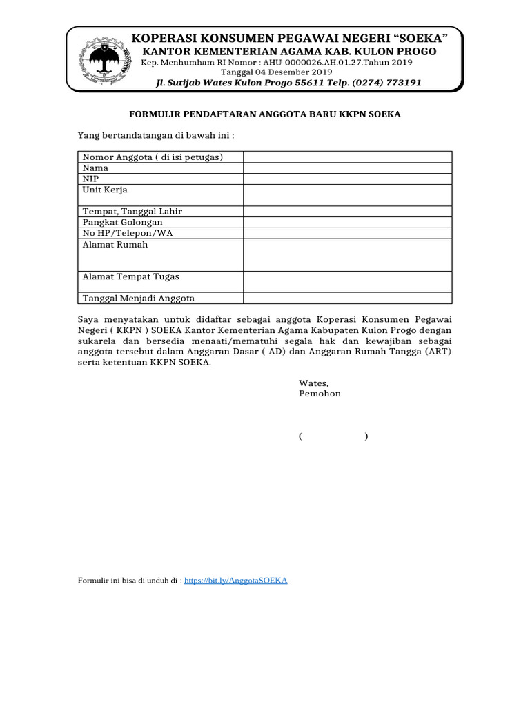 Formulir Pendaftaran Anggota Baru KKPN Soeka Bukan GF | PDF