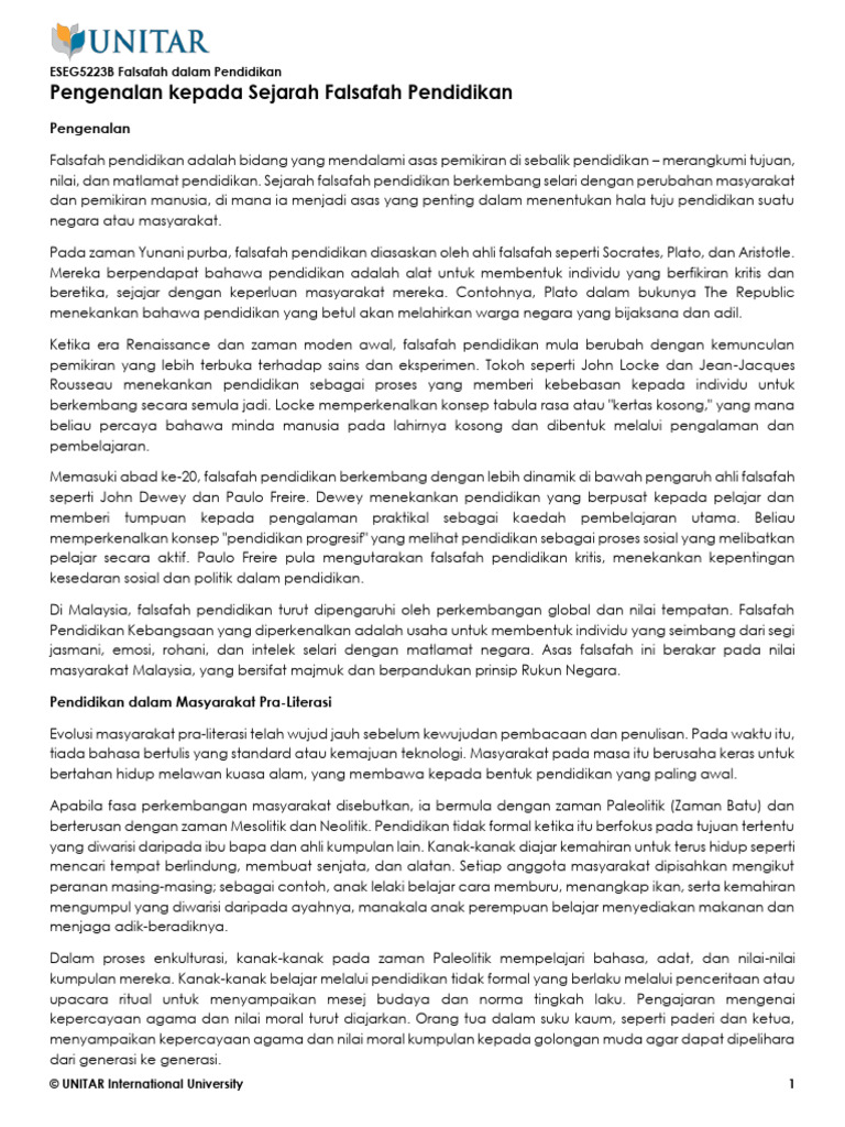 Topik 1 Pengenalan Kepada Sejarah Falsafah Pendidikan | PDF