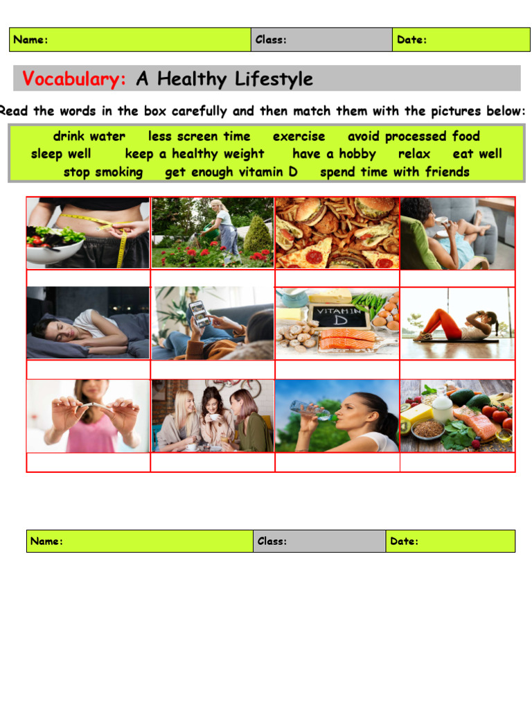 Healthy Lifestyle Vocabulary Matching | PDF