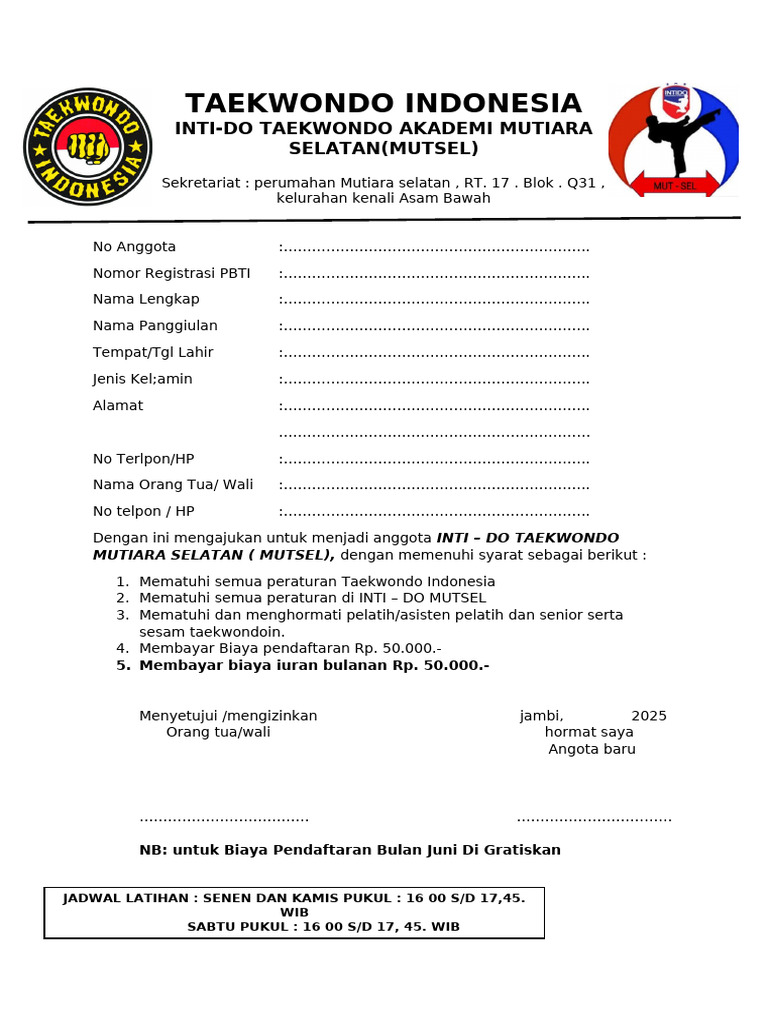 Biaya dan Pendaftaran Taekwondo MUTSEL | PDF