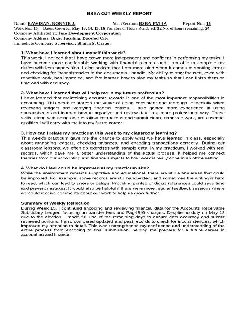 BSBA OJT Weekly Report: Week 15 Summary | PDF | Microsoft Excel ...