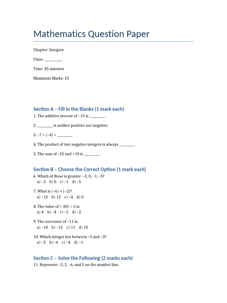Integers Question Paper 1749739102280 | PDF