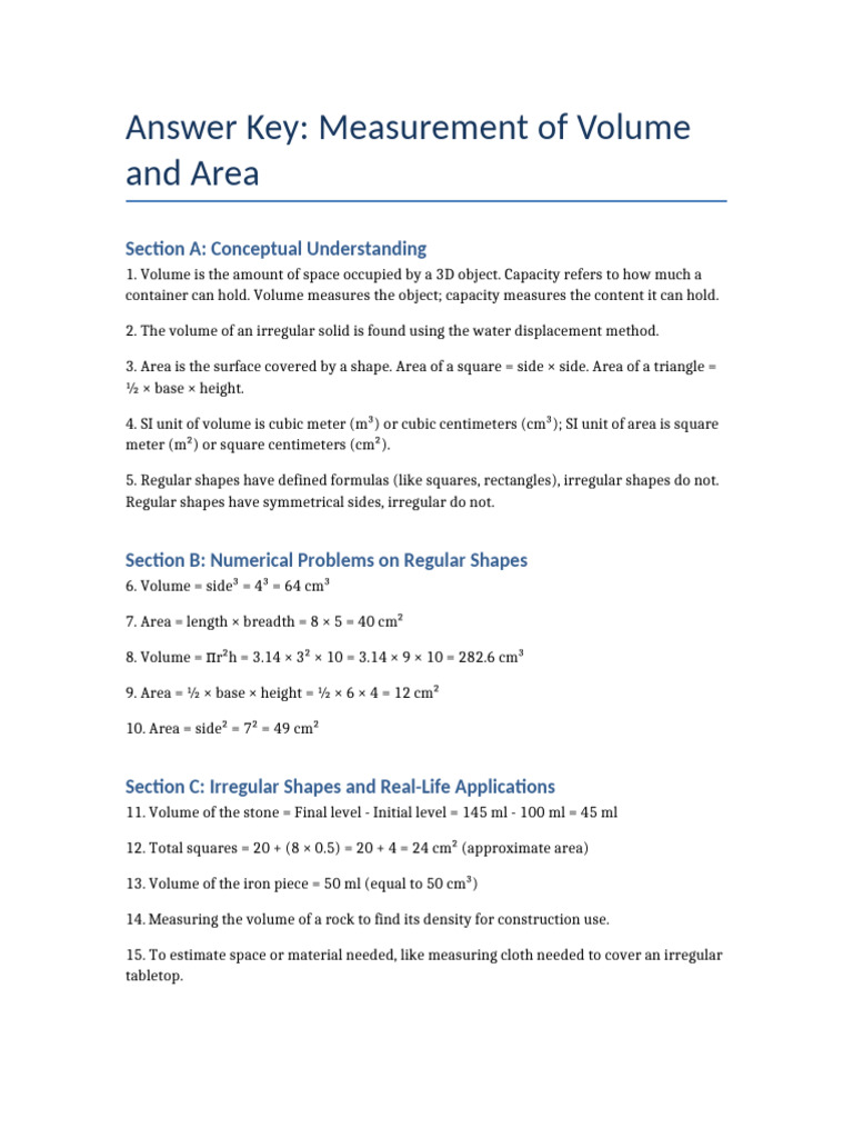 Measurement Volume Area Answer Key | PDF
