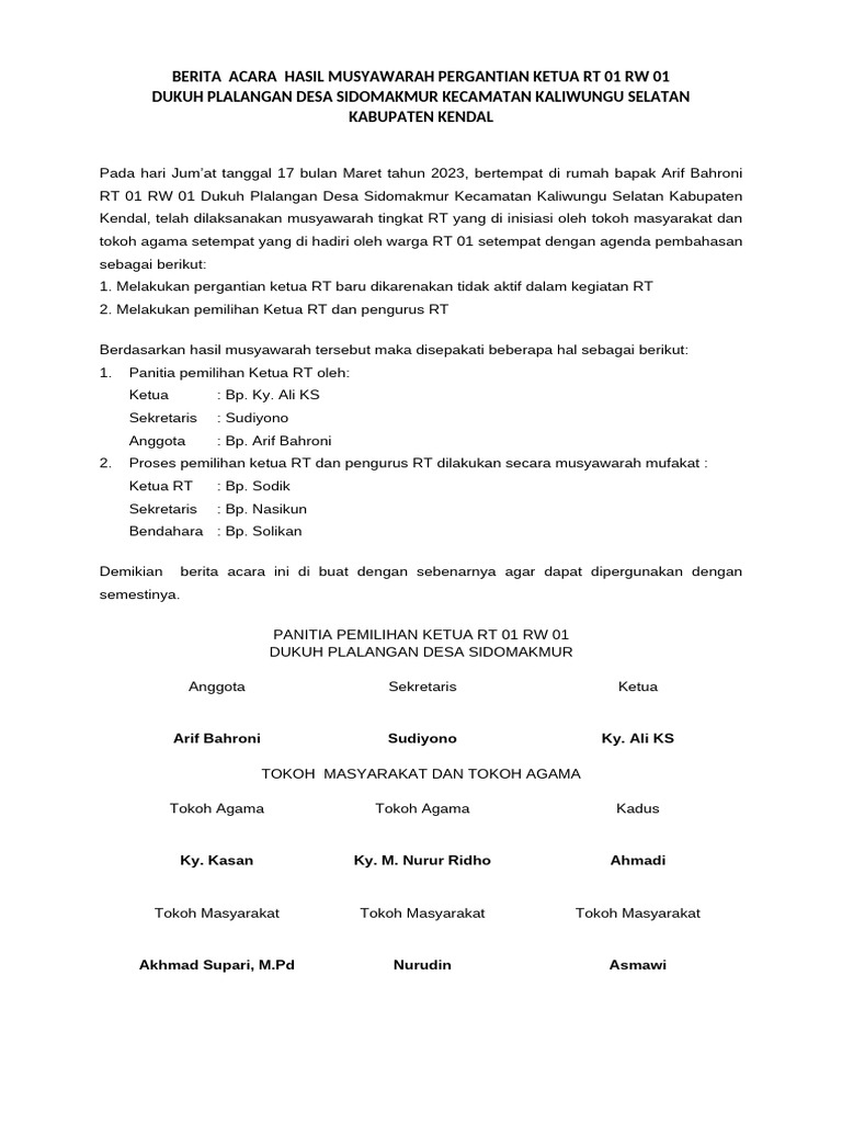 Berita Acara Pergantian Ketua RT 01 | PDF