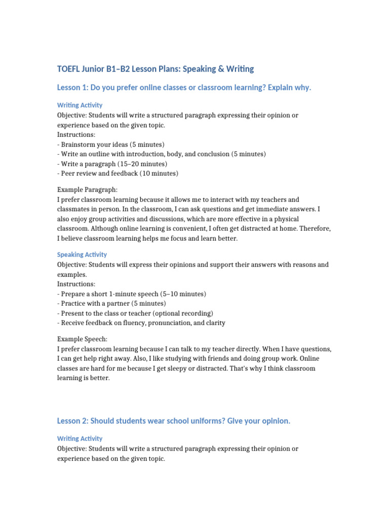 TOEFL Junior B1 B2 Detailed Lesson Problem Solution | PDF | Classroom ...