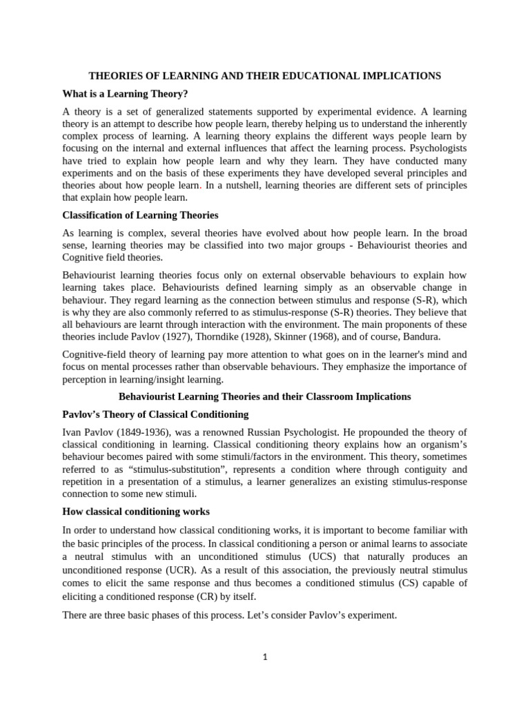 Theories of Learning and Their Educational - 051943 | PDF | Classical Conditioning | Reinforcement