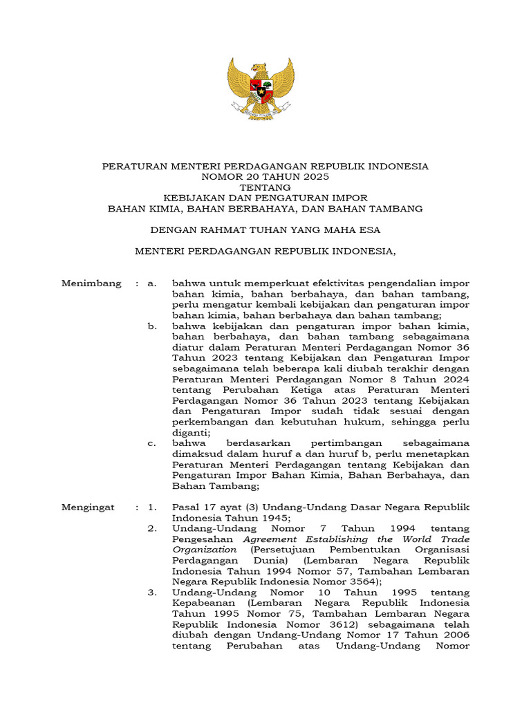 Permendag Nomor 20 Tahun 2025 Tentang Kebijakan Dan Pengaturan Impor Bahan Kimia, Bahan ...