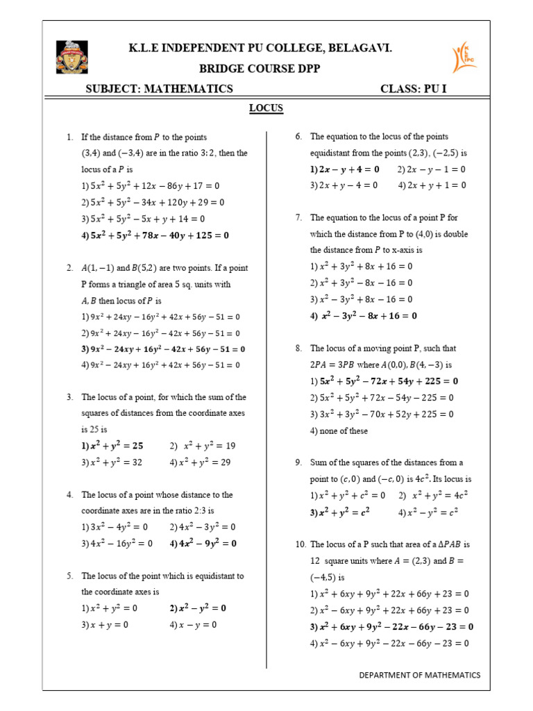 Bridge Course DPP - Locus | PDF | Coordinate System | Angle