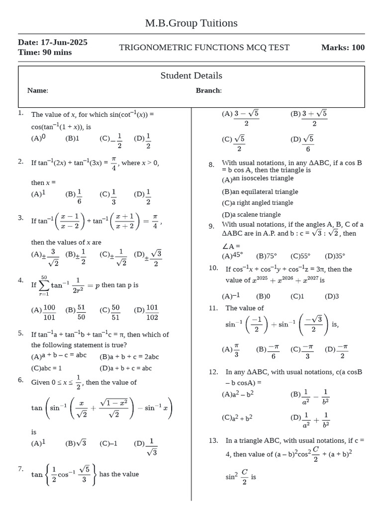 Trigonometric Functions MCQ Test Question Paper | PDF | Cartesian ...