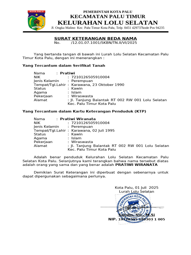 Surat Keterangan Beda Nama | PDF