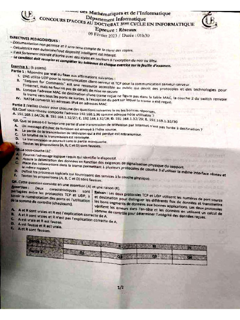 Epreuve Reseaux LQ Concours de Doctorat Univ Batna 2022-2023 | PDF