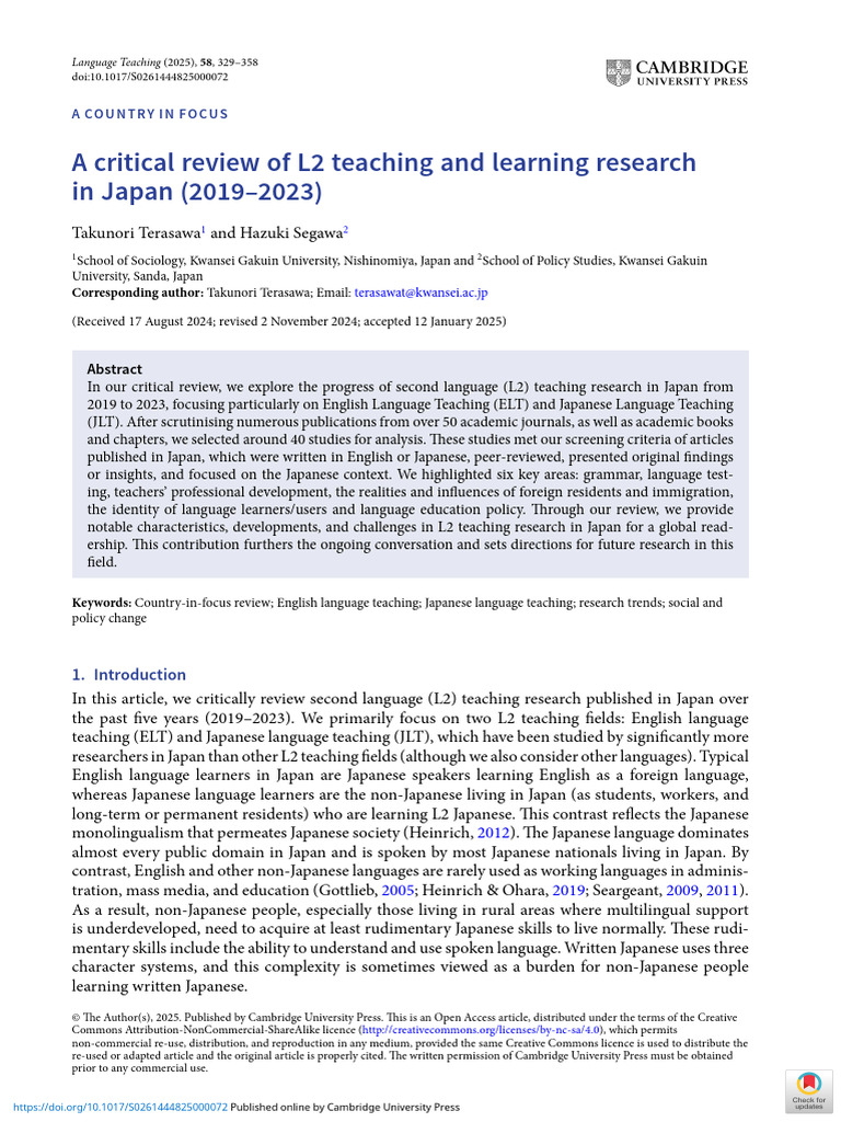 Critical Review of l2 Teaching and Learning Research in Japan 20192023 ...