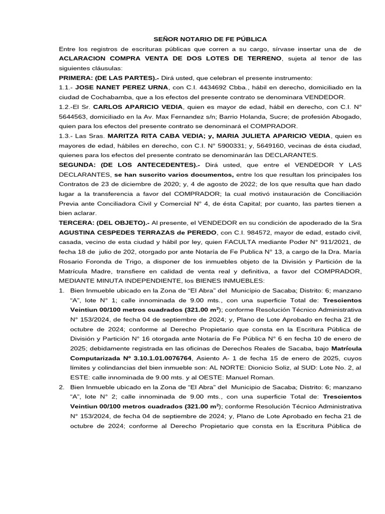 Aclaración Transferencia DR Carlos Aparicio Lotes Abra - 110221 | PDF ...