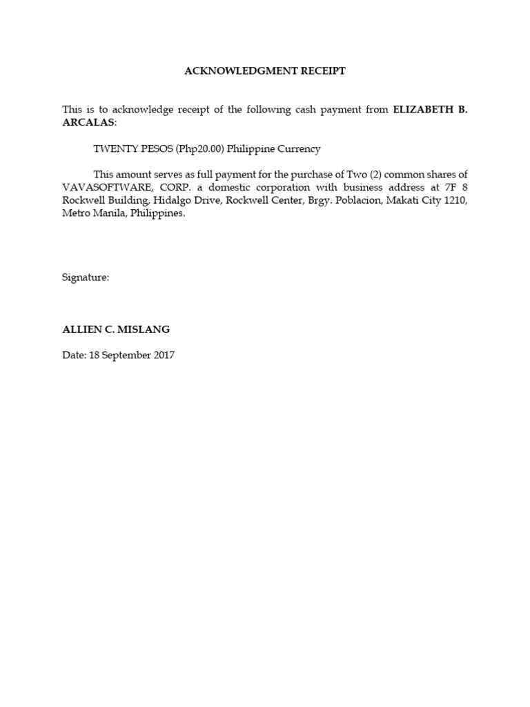 Acknowledgment Receipt (Mislang For Arcalas) | PDF
