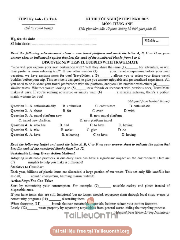 1. THPT Kỳ Anh - Hà Tĩnh (Tốt nghiệp THPT 2025 môn Tiếng Anh) .doc - Google Tài liệu | PDF
