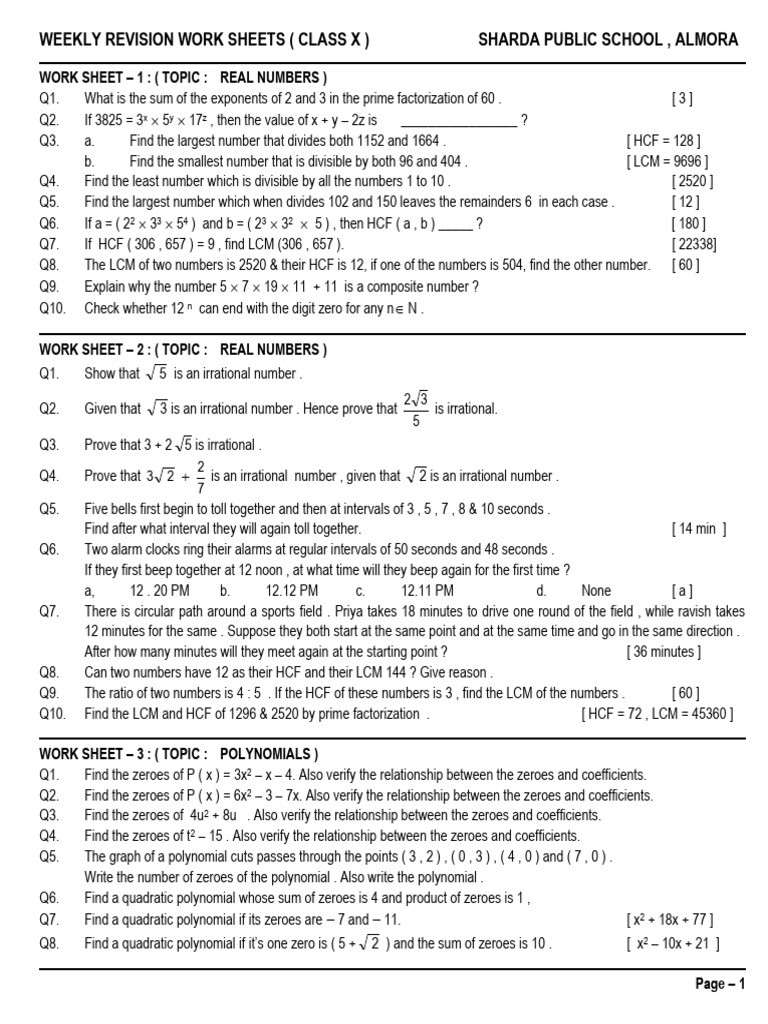 Weekly Work Sheet Mathematics (Set - 1) Classx | PDF | Zero Of A Function | Polynomial