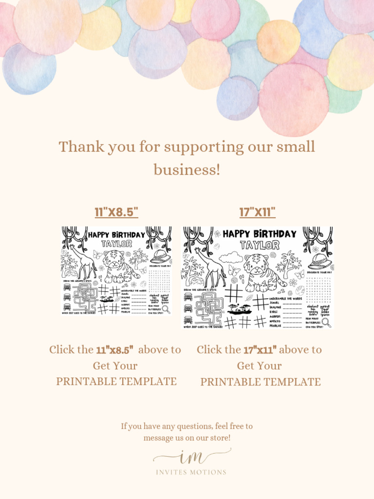 Safari Birthday Placemat Coloring Activity Template | PDF
