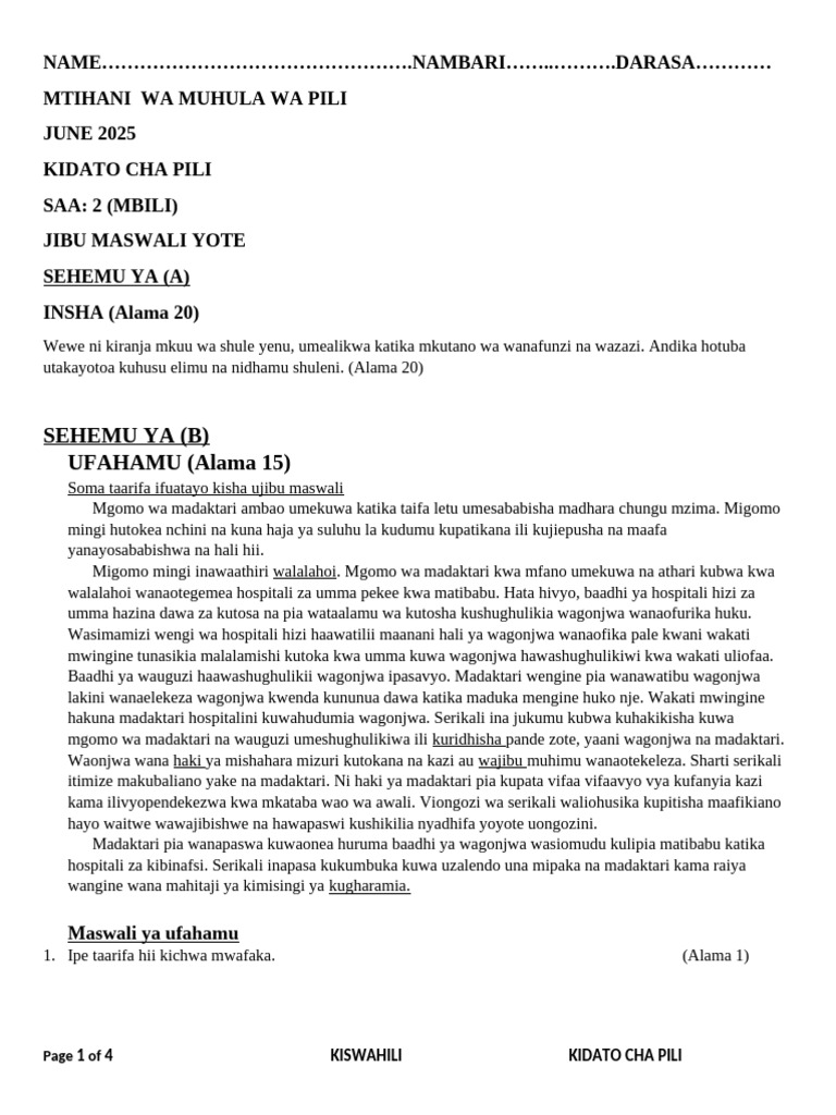 Kiswahili F2 QS | PDF