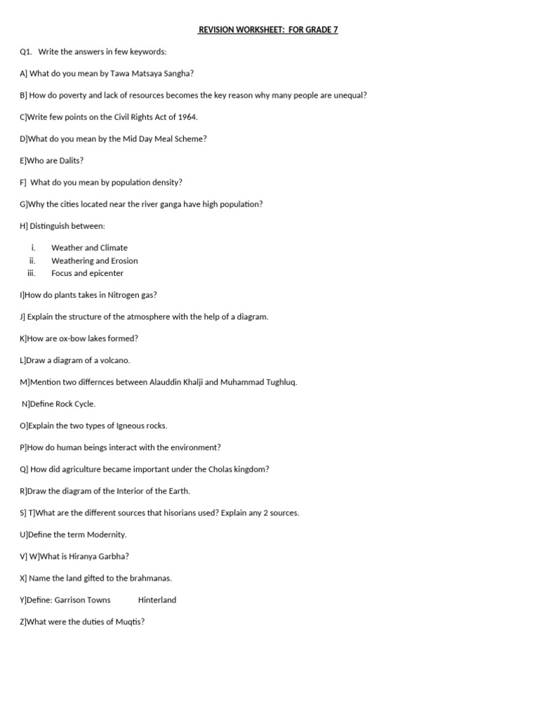 Grade 7 Revision Worksheet Guide | PDF