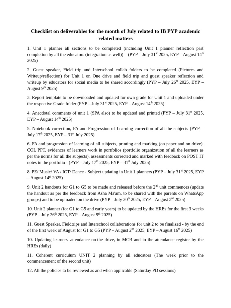 Checklist On Deliverables For The Month of July Related To IB PYP | PDF ...
