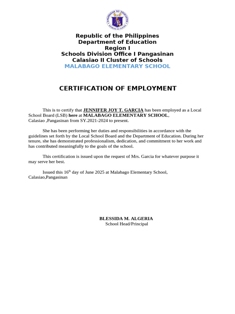 Certification of Employment | PDF