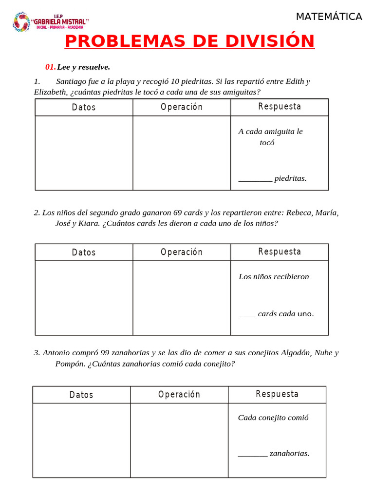 PROBLEMAS DE DIVISIÓN Práctica | PDF