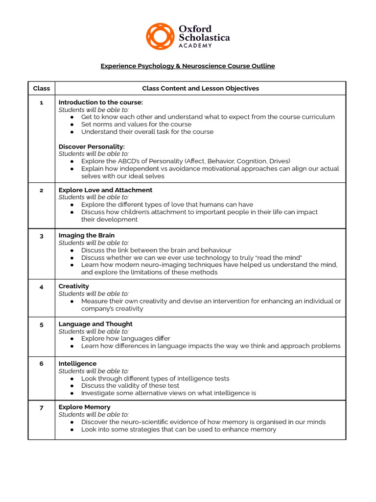 Experience Psychology and Neuroscience Course Outline | PDF ...