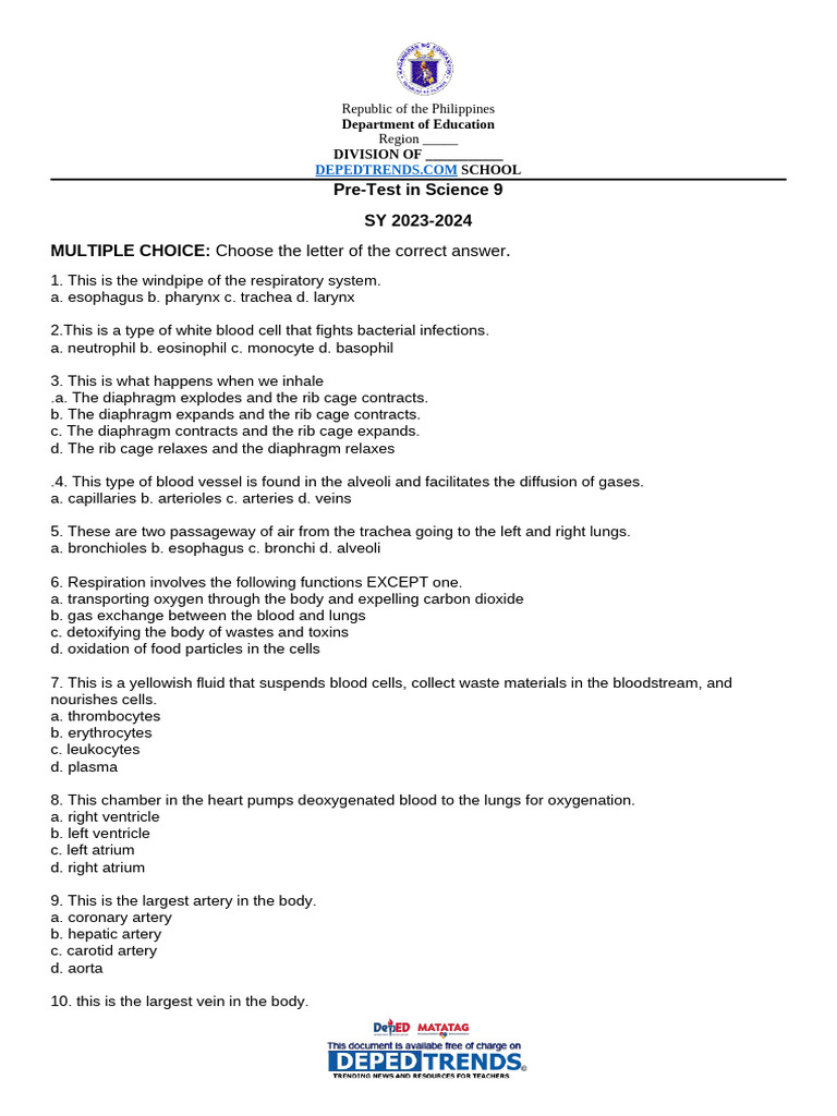 Science 9 Pre-Test Questions 2023-2024 | PDF | Cellular Respiration ...