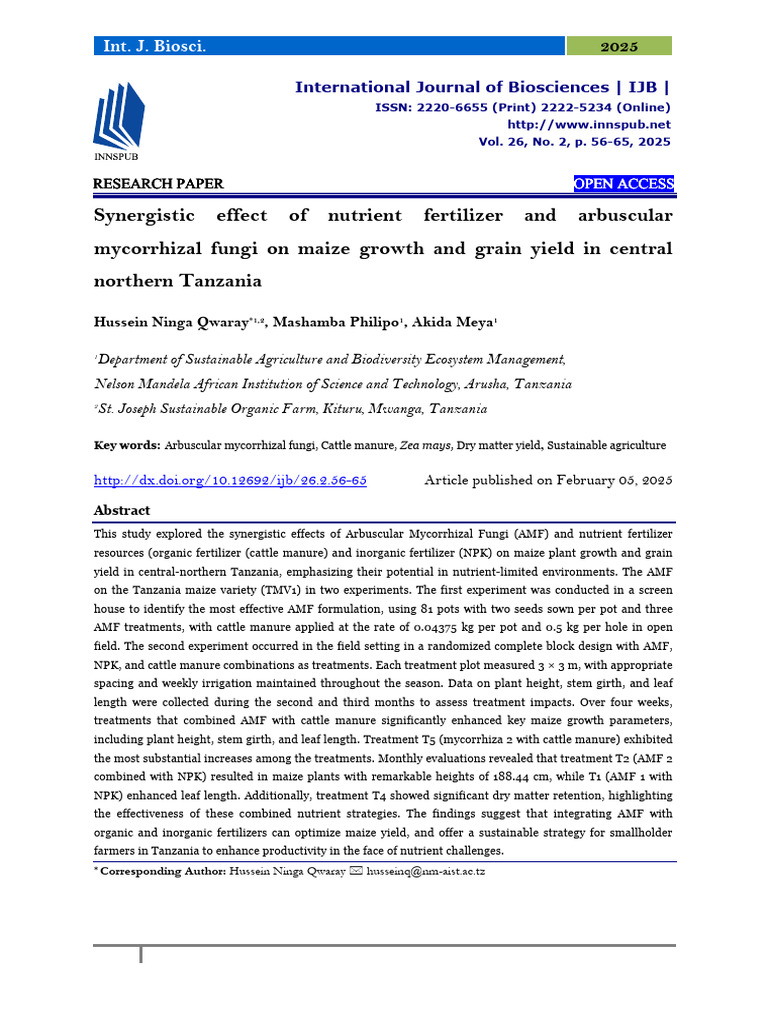 Synergistic Effect of Nutrient Fertilizer and Arbuscular Mycorrhizal Fungi On Maize Growth and ...