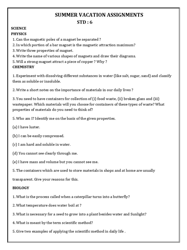 Summer Vacation Assignments (6-8) | PDF | Solubility | Water
