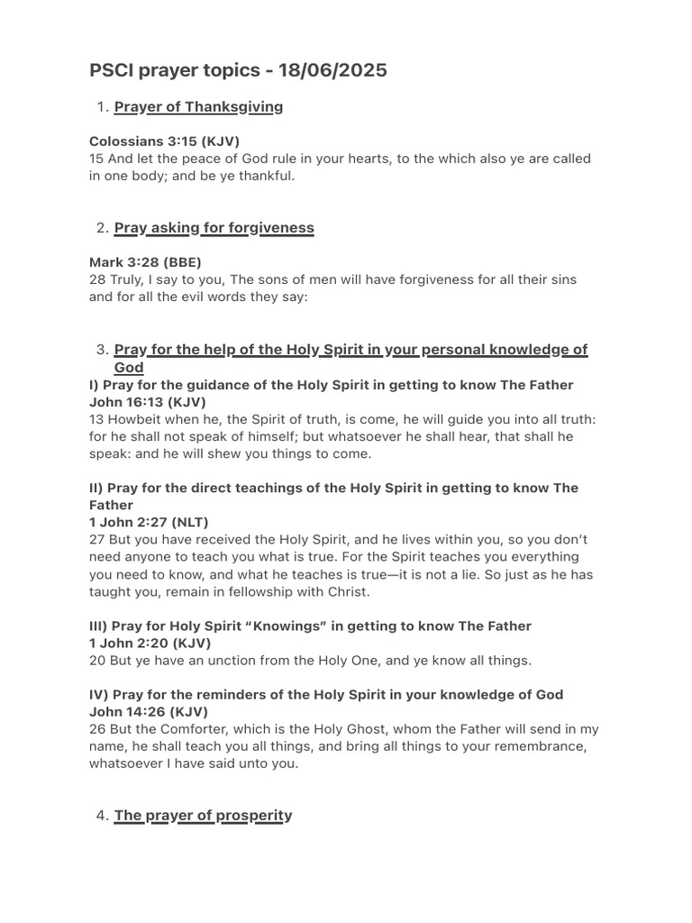 PSCI Prayer Topics - 18062025 | PDF