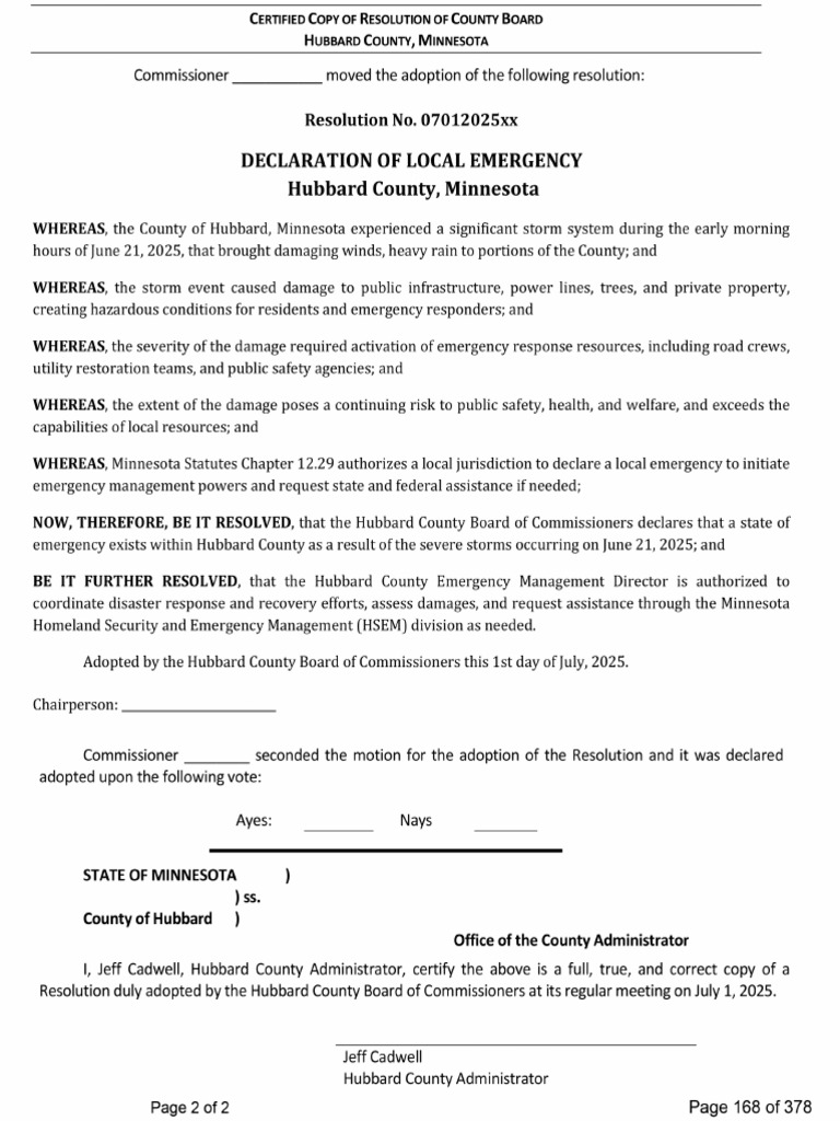 Hubbard County Declaration of Local Emergency | PDF
