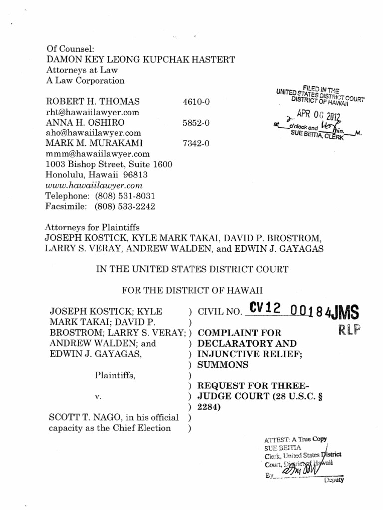 Complaint For Declaratory and Injunctive Relief (Reapportionment), Kostick V Nago, No. CV12 ...