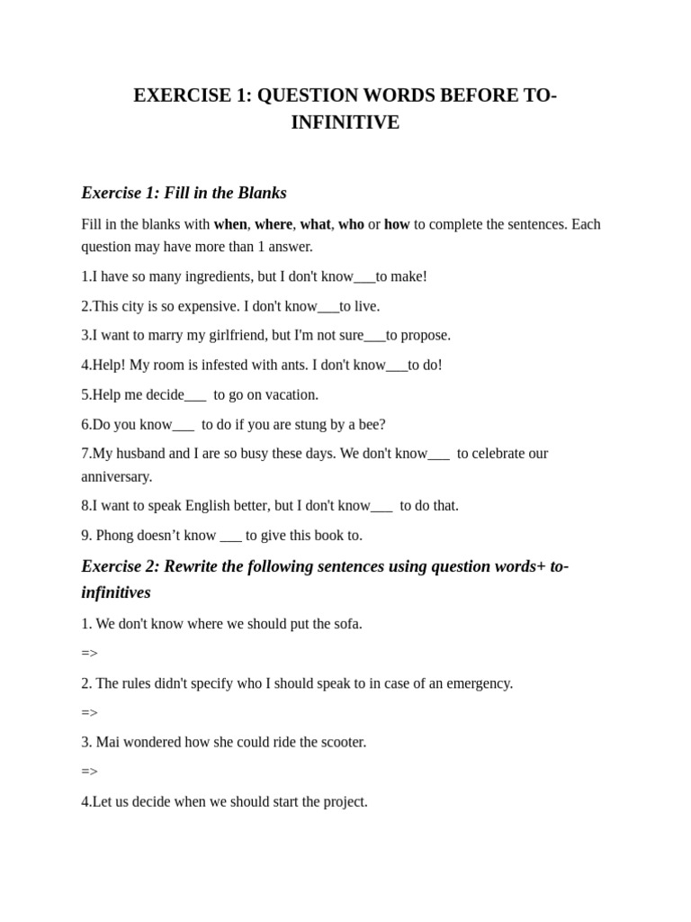 Question Words and To-Infinitive Exercises | PDF