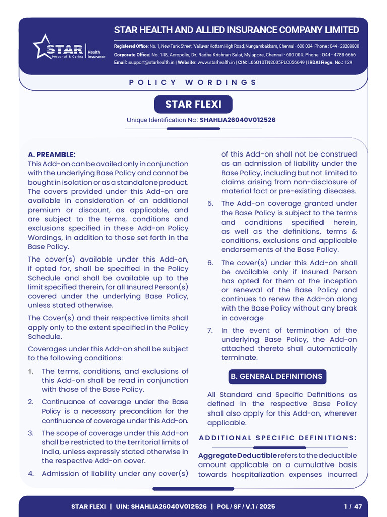 Star Flexi Policy Wordings Guide | PDF | Stroke | Brain Tumor