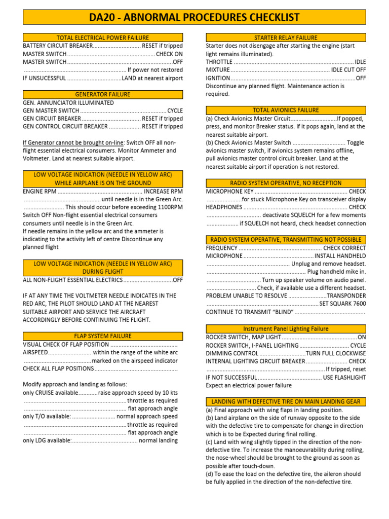Da20 - Abnormal Procedures Checklist - 2022 | PDF | Switch | Electrical Engineering