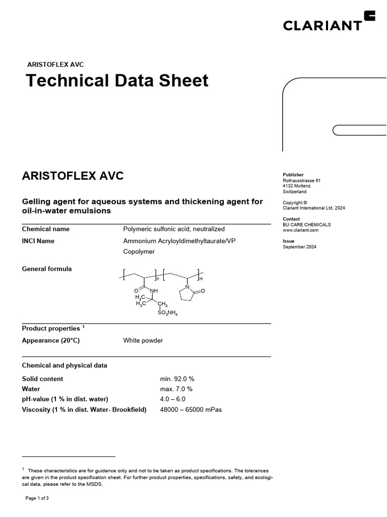 Aristoflex AVC Technical Data Sheet | PDF | Emulsion | Gel