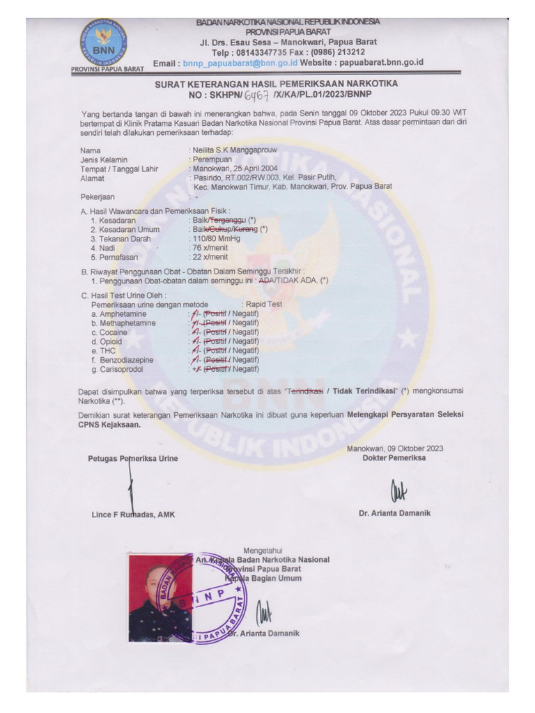 Surat Keterangan Bebas Narkoba | PDF
