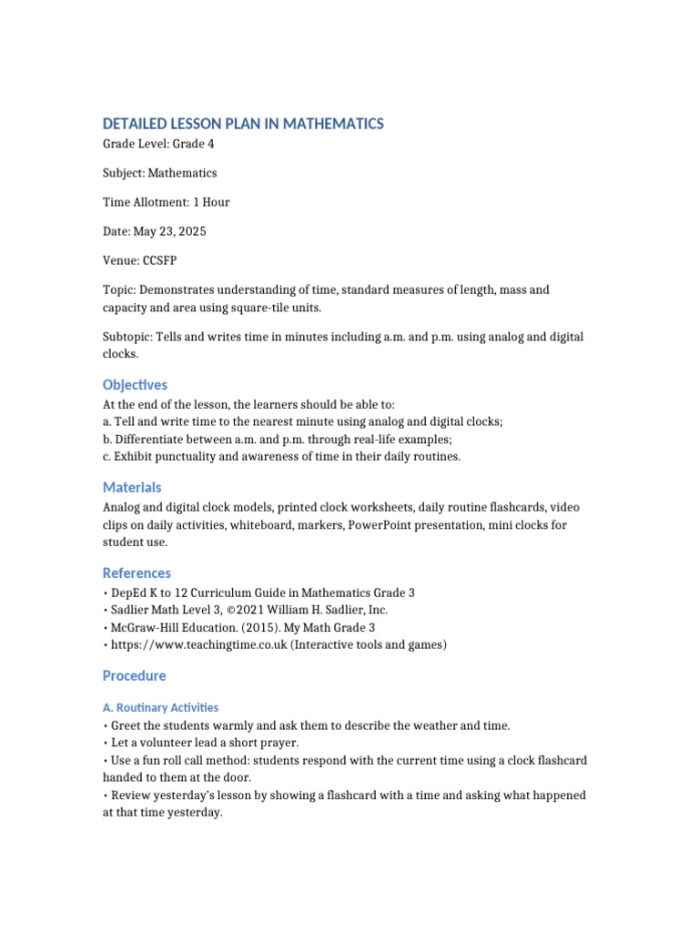 Detailed Lesson Plan Telling Time | PDF | Cognition | Learning