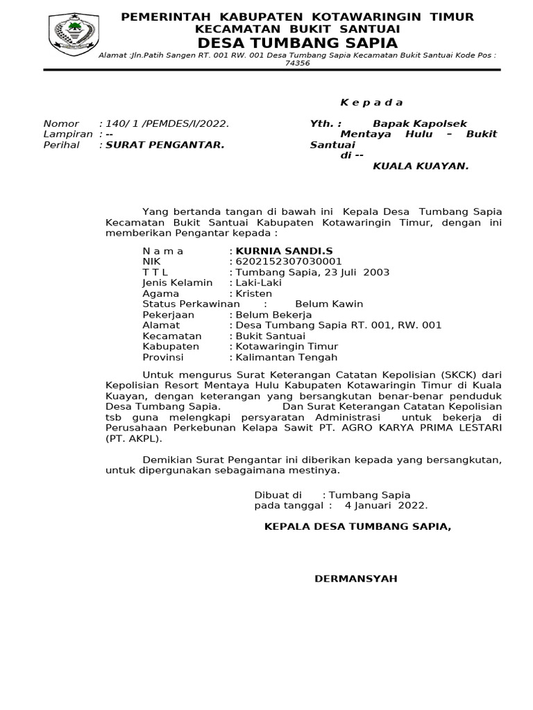 Surat Pengantar SKCK dari Desa Tumbang Sapia | PDF