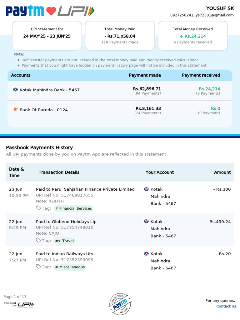 Paytm UPI Statement 24 May'25 - 23 Jun'25-2 | PDF | Banks | Money