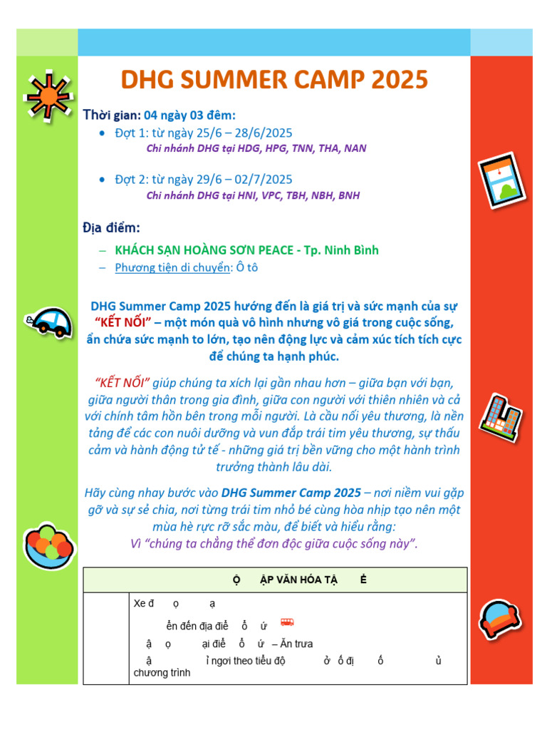 1.1. Lich Trinh DHG Summer Camp 2025 M. Bac KBH | PDF