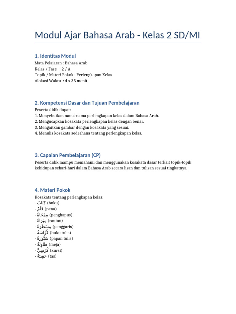 Modul Ajar Bahasa Arab Kelas 2 Perlengkapan Kelas | PDF