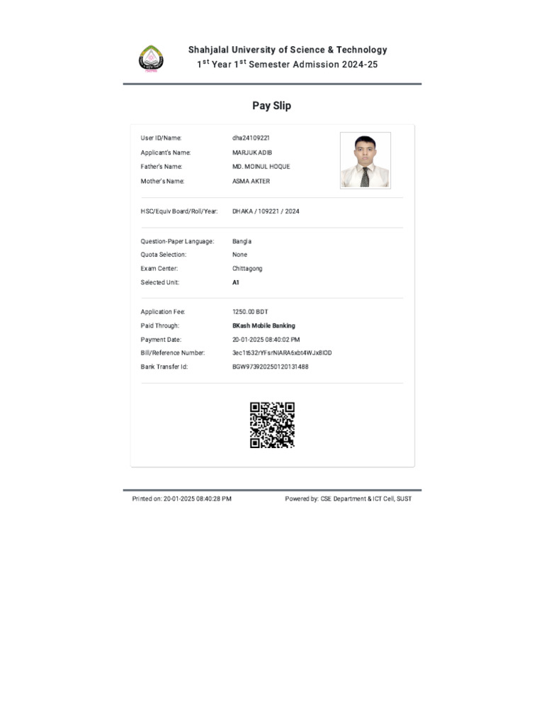 SUST Admission Payslip 2024-25 | PDF