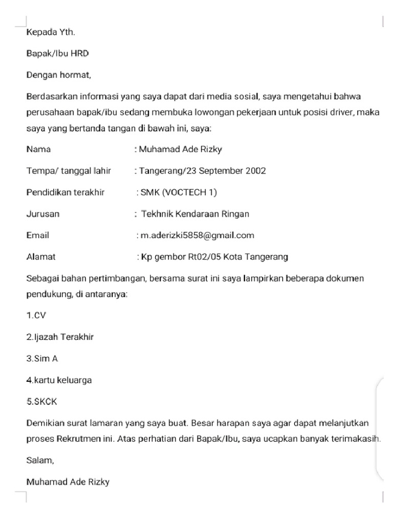 Lamaran M.ade Rizky (A) | PDF