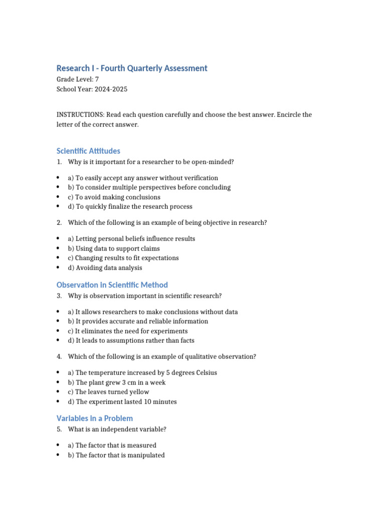 Research I Fourth Quarterly Assessment | PDF | Experiment | Data