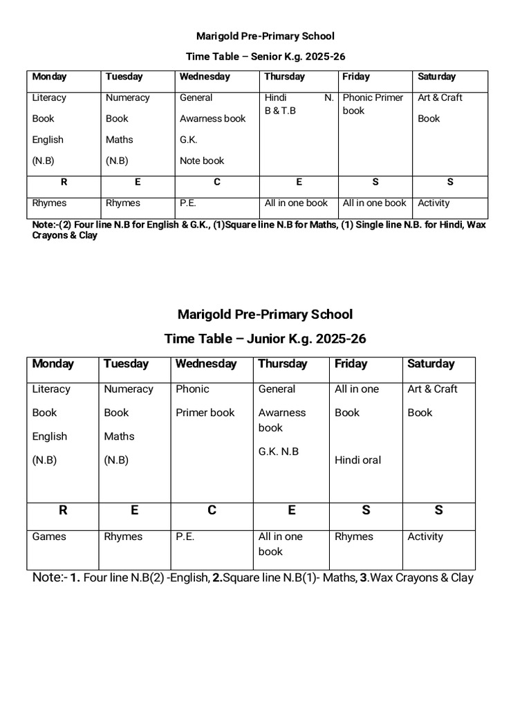 Pre-Primary Time Table 2025-26 | PDF