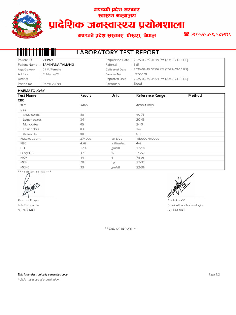 Laboratory Test Report: Haematology Test Name Result Unit Flag ...